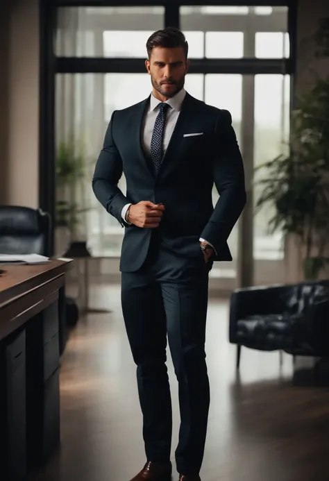 Foto 4k , A male man standing in his office flexing in his black suit ...