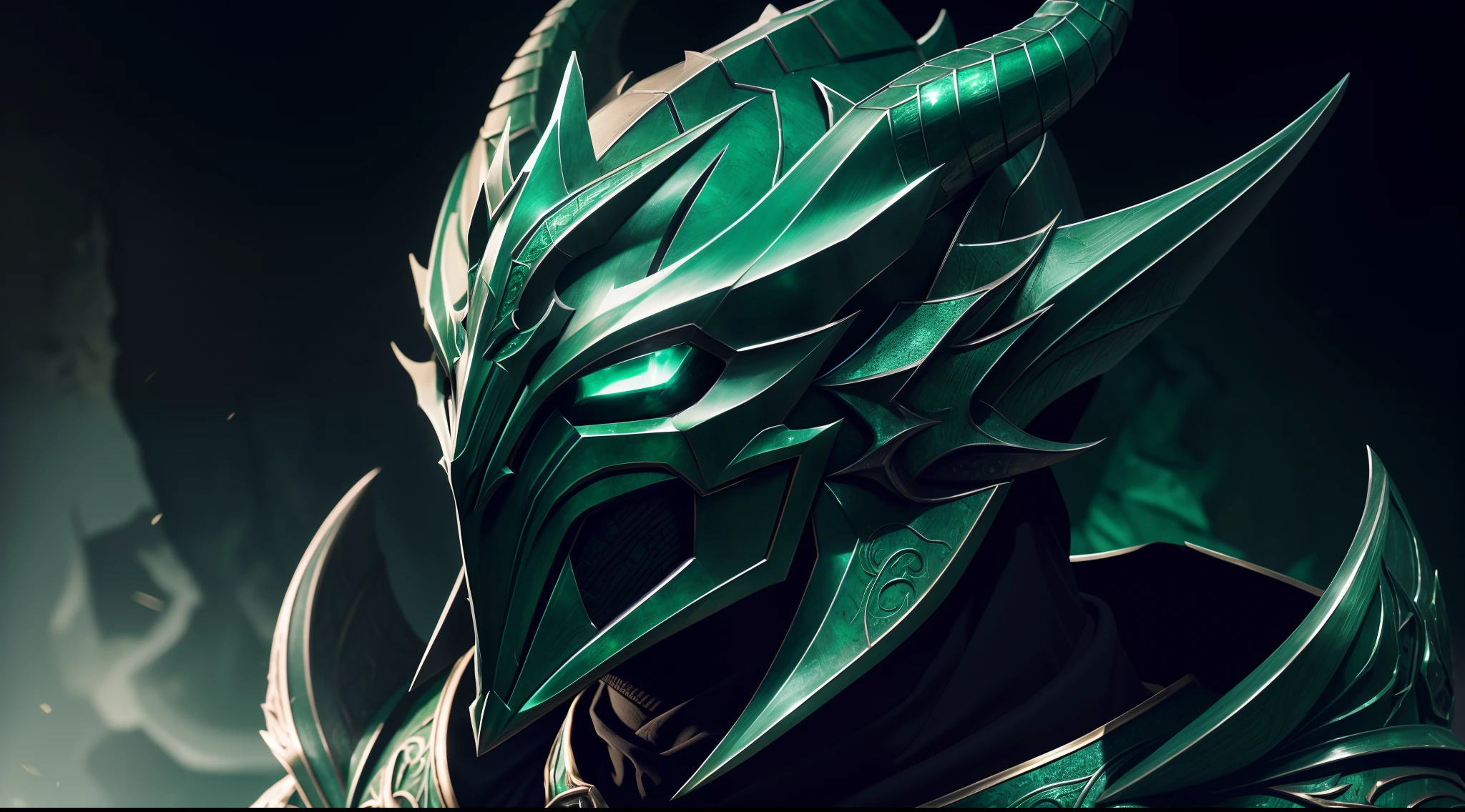 a close up of an emerald mask with horns, emerald daedric helm, dragon ...