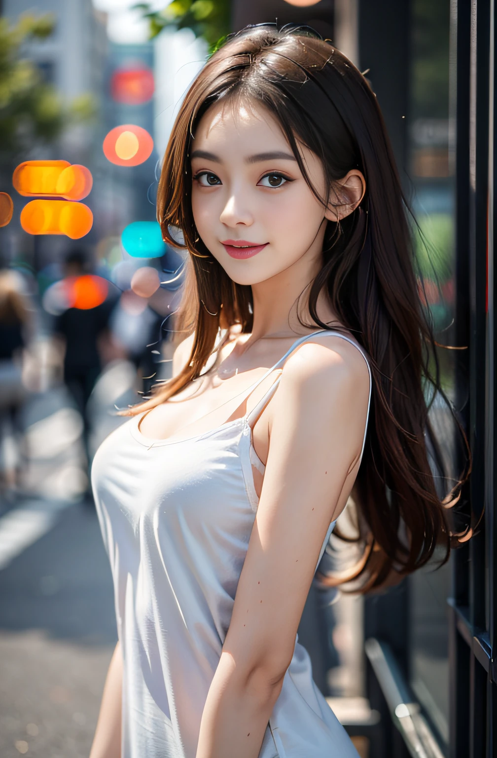 一位女士站在城市街道上的特写镜头 Seaart Ai