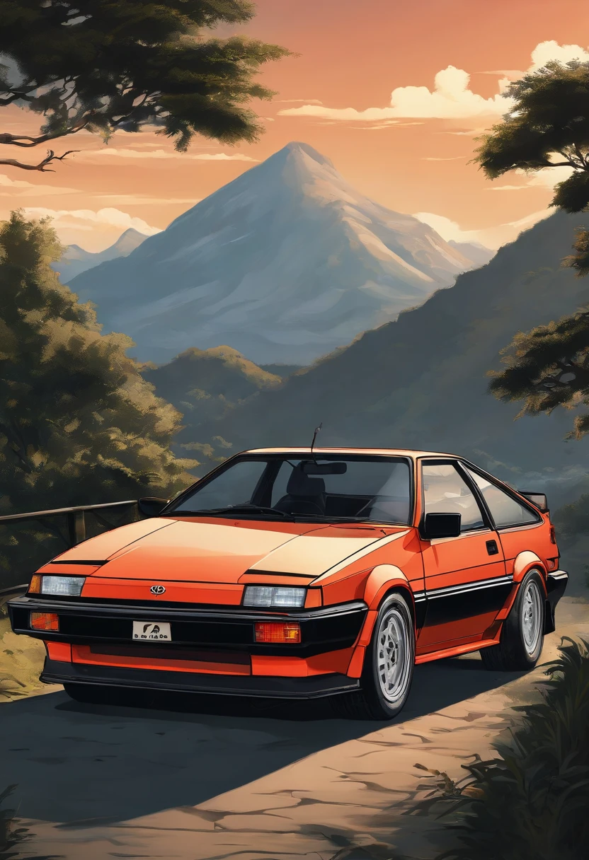 トヨタAE86の上からの眺め, 90年代のアニメスタイル, 詳細なアニメアート, 90年代のヴィンテージアニメアート, トヨタAE86の伝統的なアニメシェーディングの詳細表現 - SeaArt AI