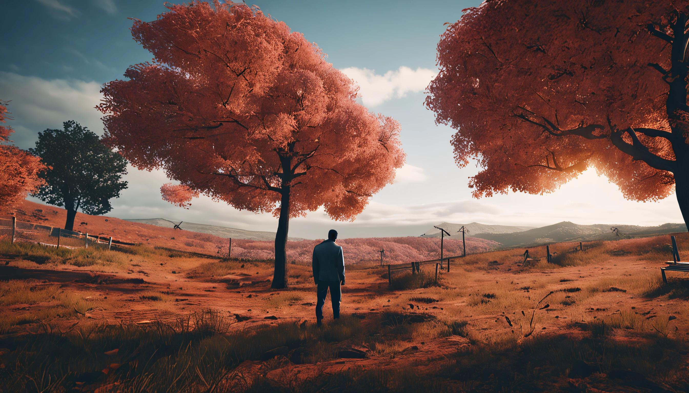 Arafed image of a man standing in a field with trees - SeaArt AI