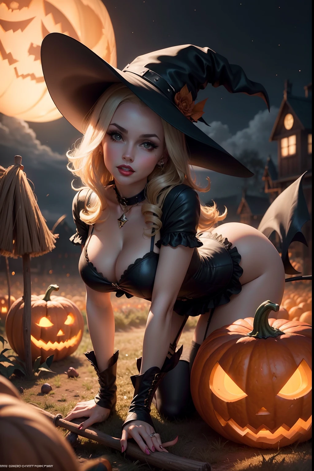 Sexy witch, pin-up style, at night, flying on a broom, flying over a pumpkin field - SeaArt AI