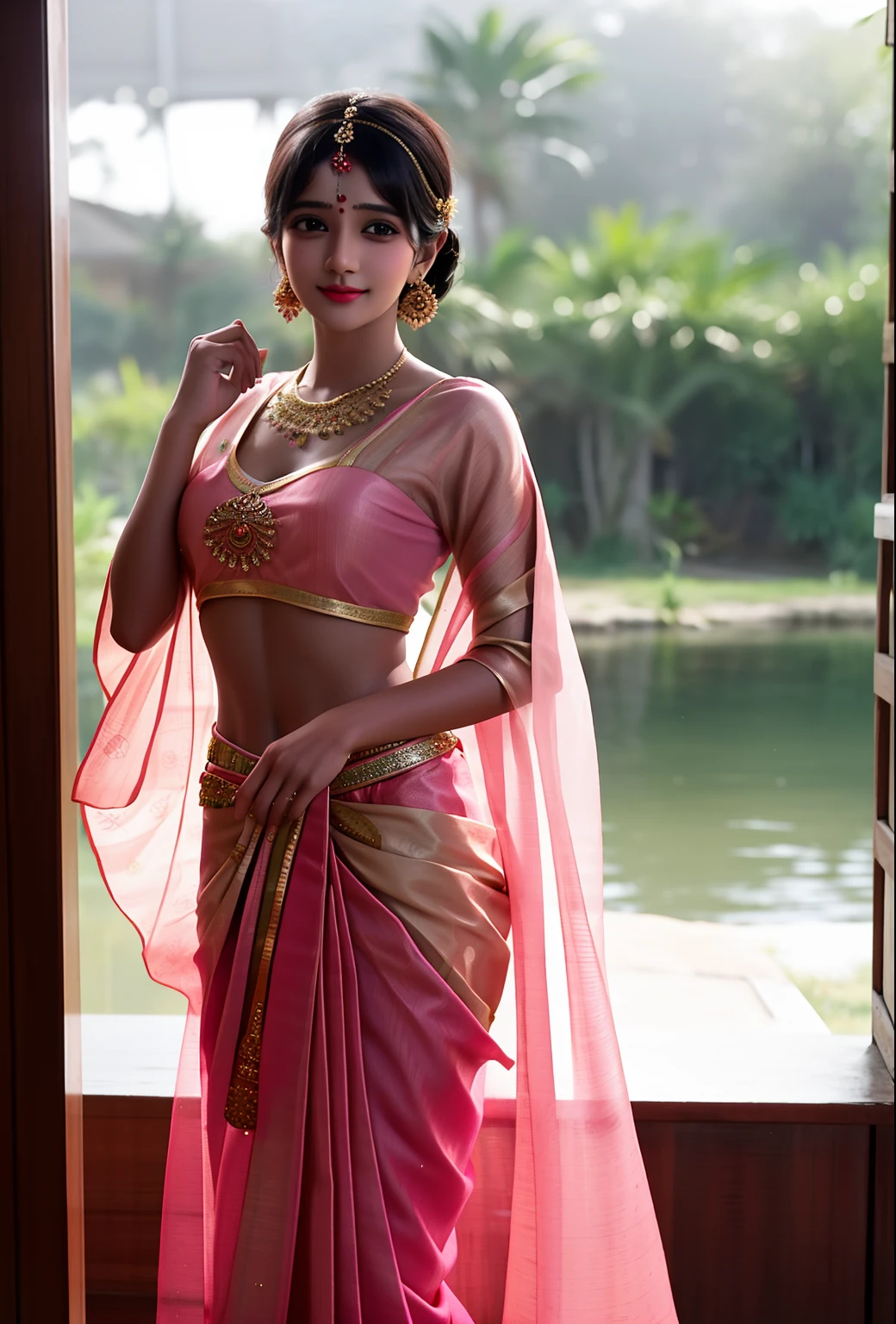 A woman in a pink sari posing for a picture - SeaArt AI