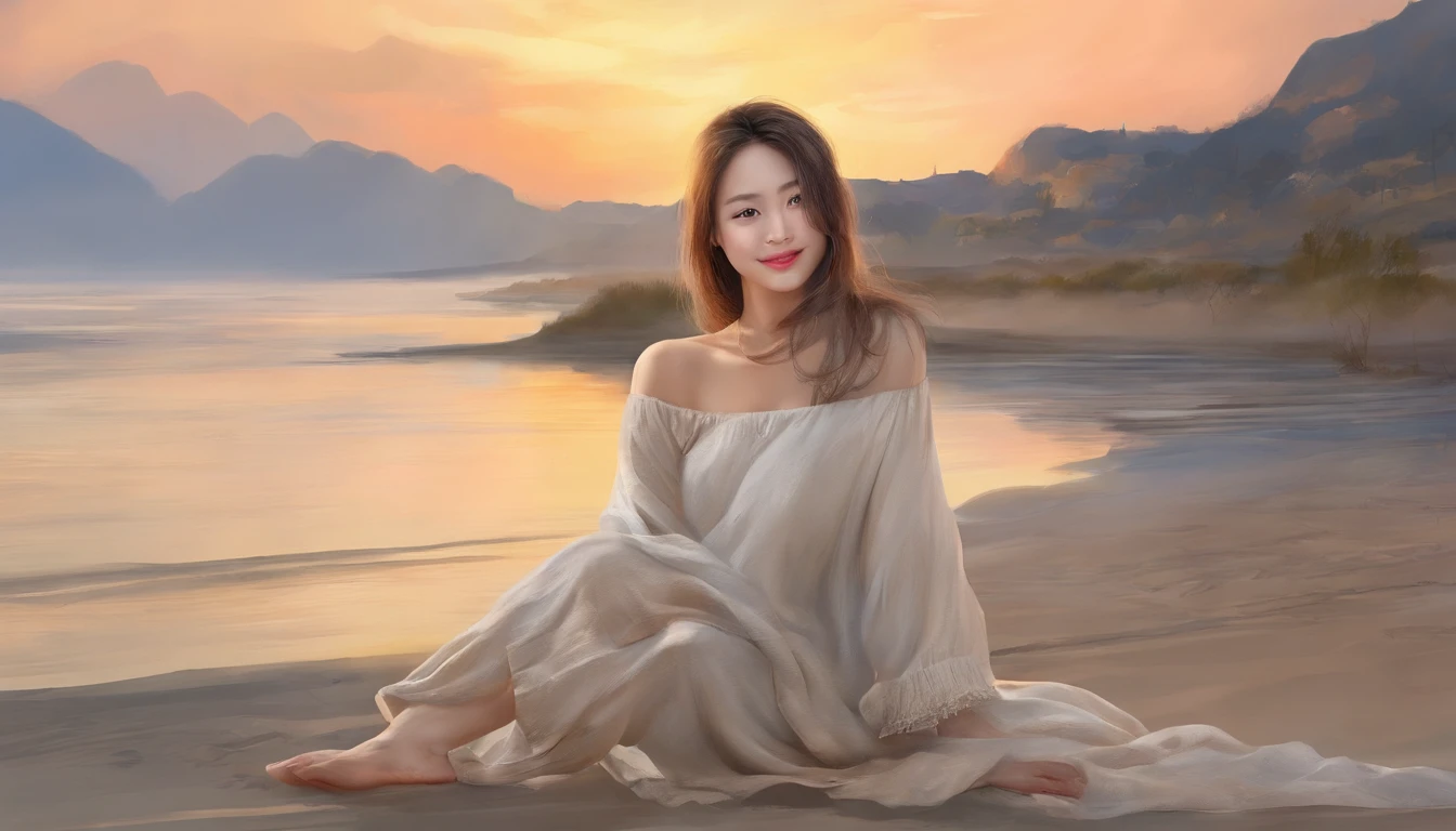 Painting of a woman sitting on the beach at sunset - SeaArt AI