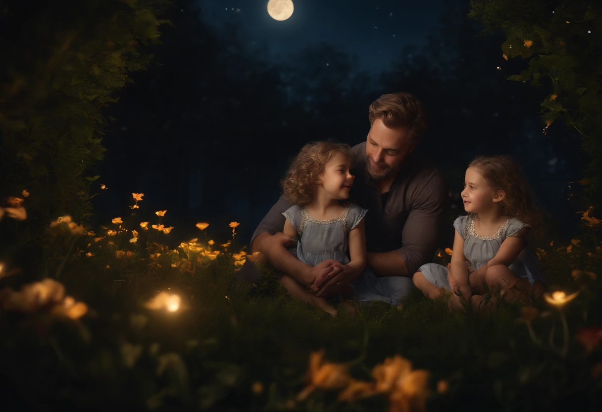 FATHER AND LITTLE DAUGHTERS PLAYING, NIGHTTIME, FLOWERS, NATURE ...
