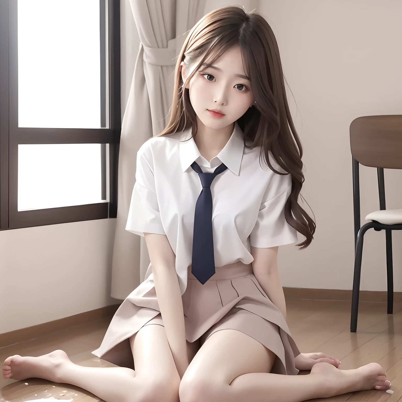 Araffe asian woman in a short skirt and tie sitting on the floor - SeaArt AI