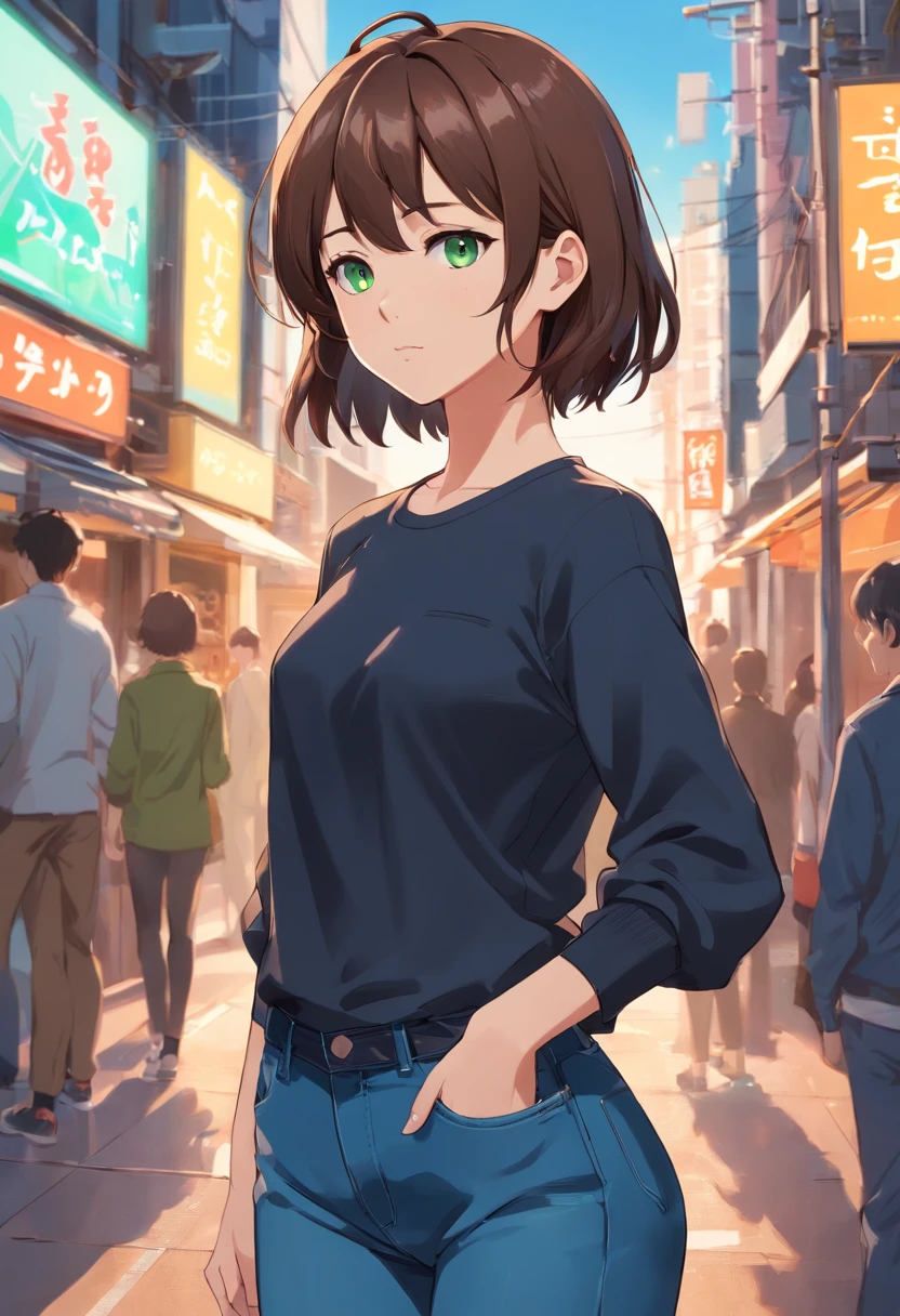 黒いシャツの長袖とブルージーンズの女性のアニメキャラクター, 短い茶色の髪, 首の長さ, 緑の目, トメル・ハヌカに触発されたデジタル絵画 - SeaArt AI