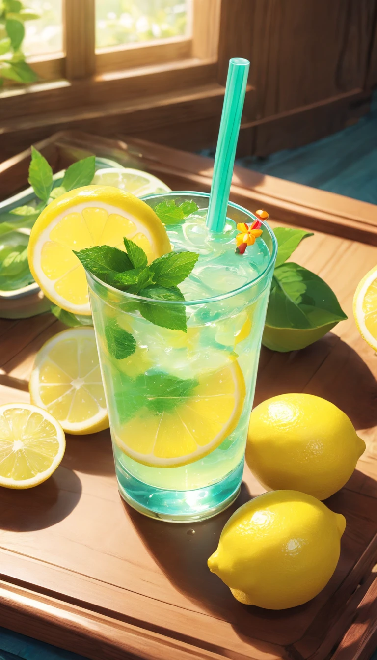 There is a glass of lemonade with a straw and lemons - SeaArt AI