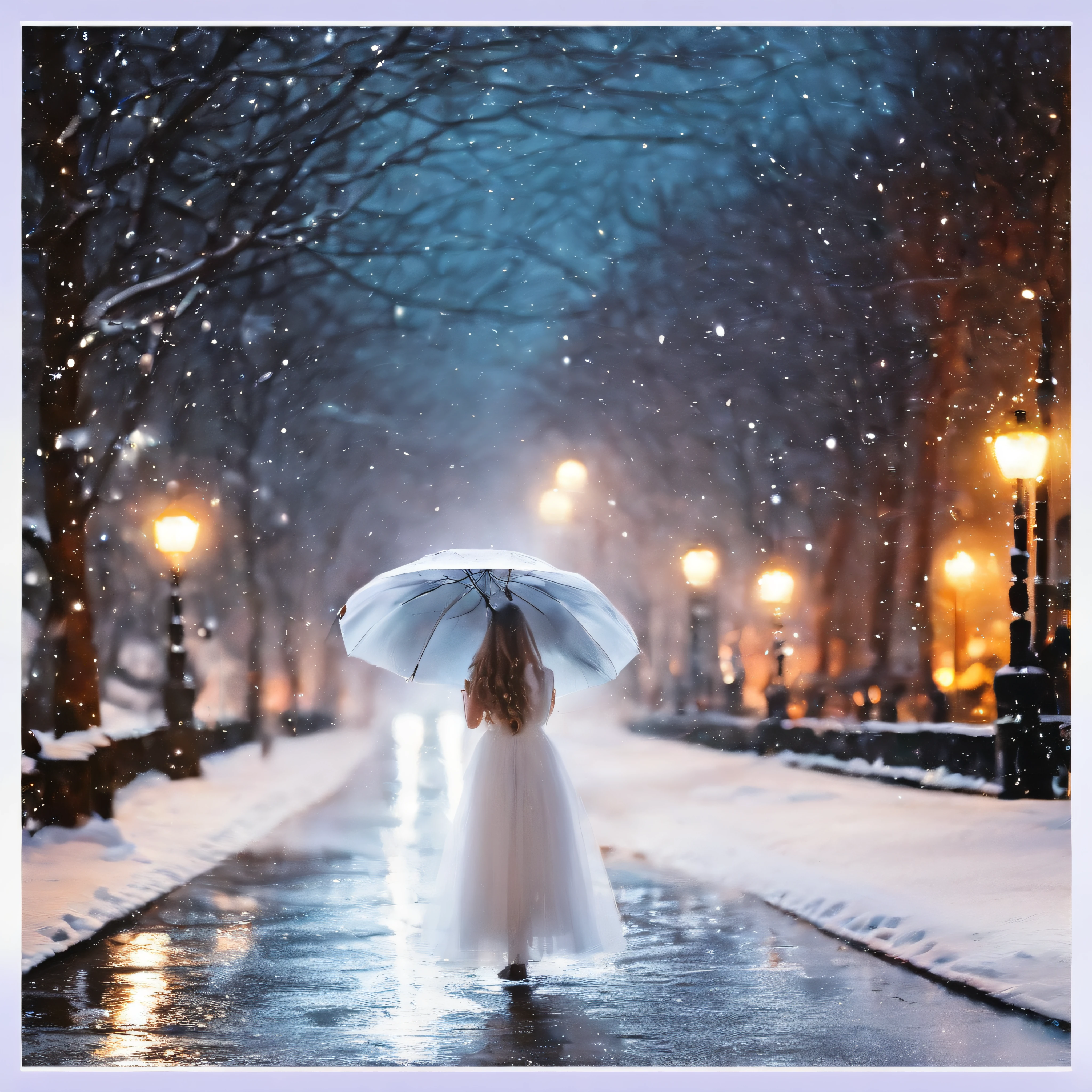 Arafed woman walking down a snowy street with an umbrella - SeaArt AI