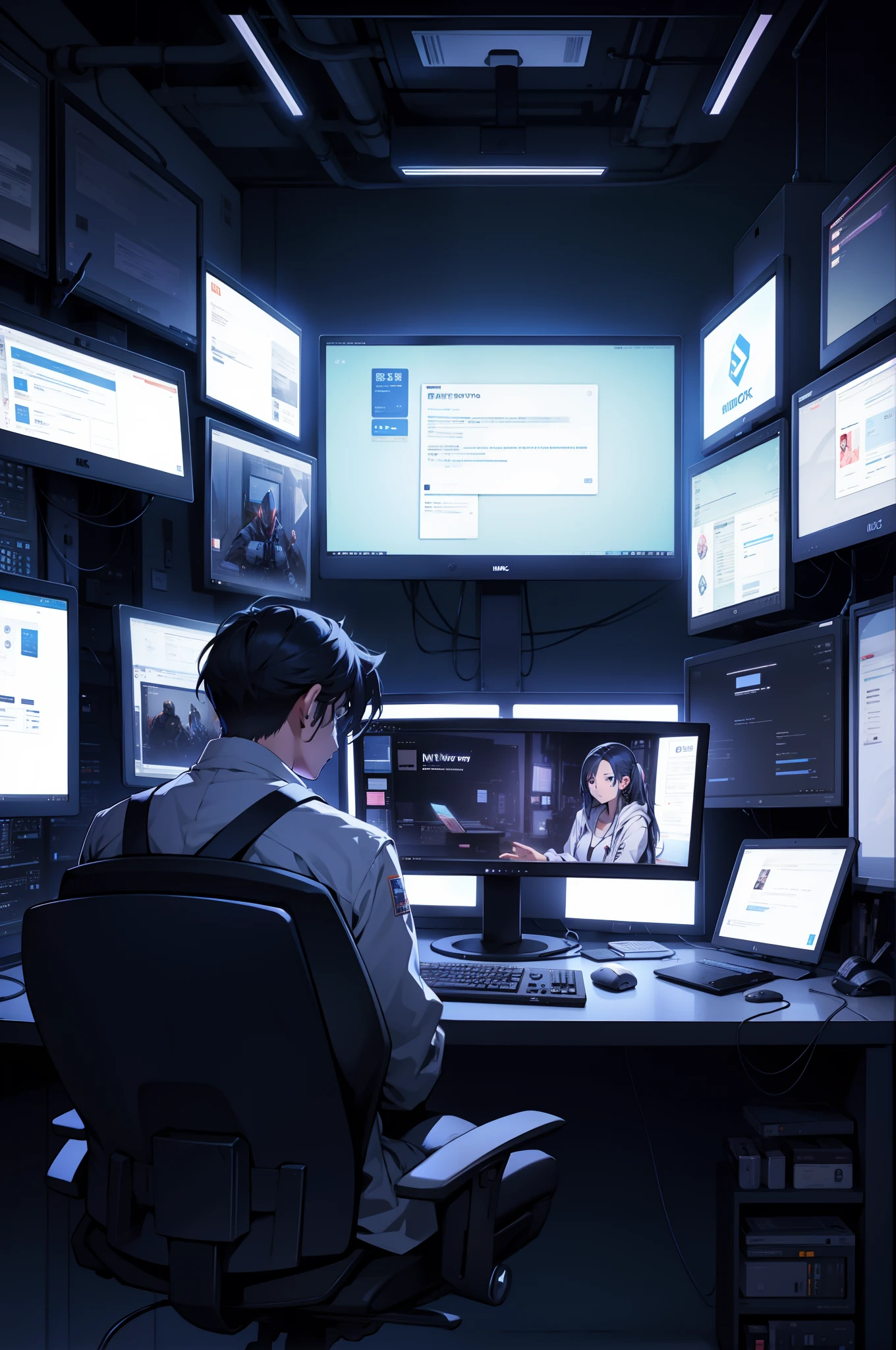 hacker,backs,illustratio,Multiple monitors - SeaArt AI