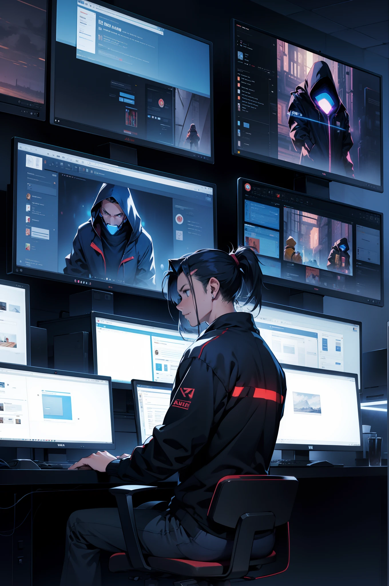 hacker,backs,illustratio,Multiple monitors - SeaArt AI