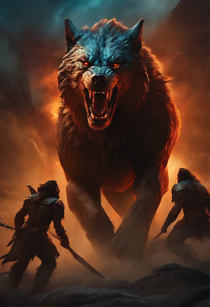 Fierce warriors battle a gigantic wolf-like creature - SeaArt AI