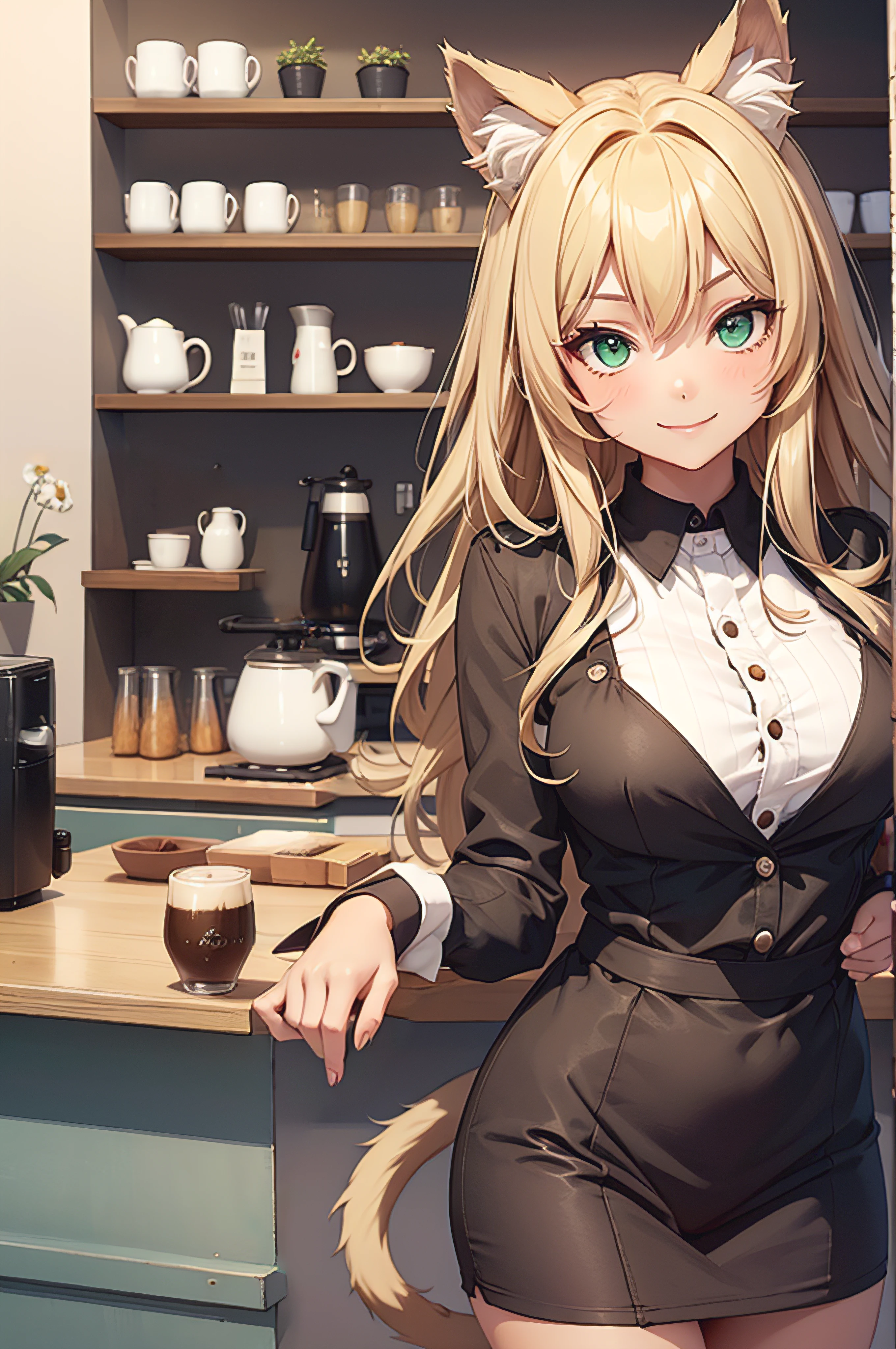 A Girl Green Eyed Blonde Long Haired Cat Ears Girl Dawn Hair