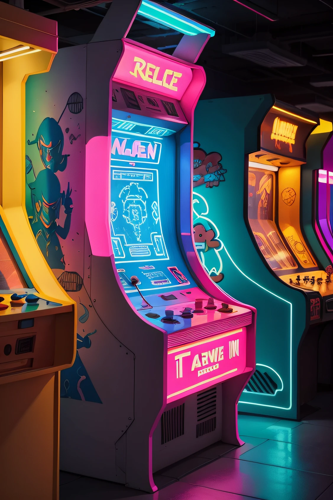 Illustrate a vibrant 1980s arcade filled with classic video game cabinets and neon lights ...