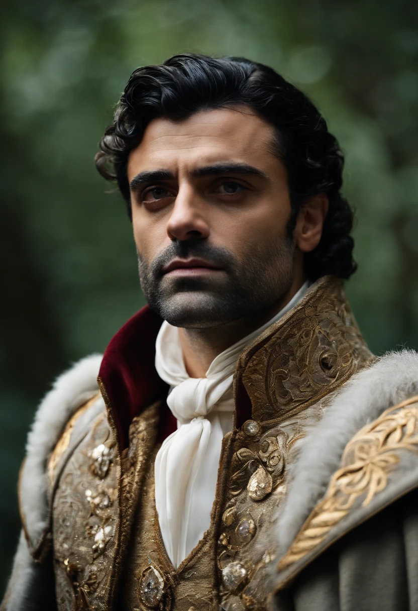 Oscar isaac,as a prince, vestindo roupas da realeza,coroa de prata com um cristal de turmalina ...
