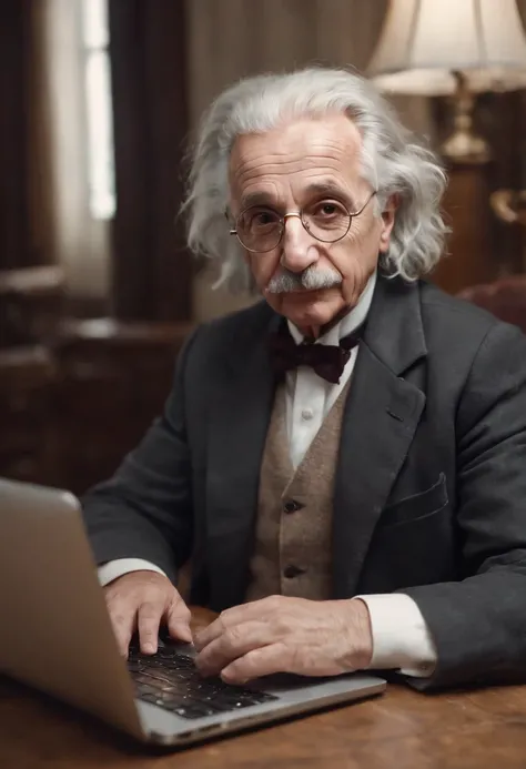 Albert Einstein playing with laptop, in Gamenet, with nice round ...