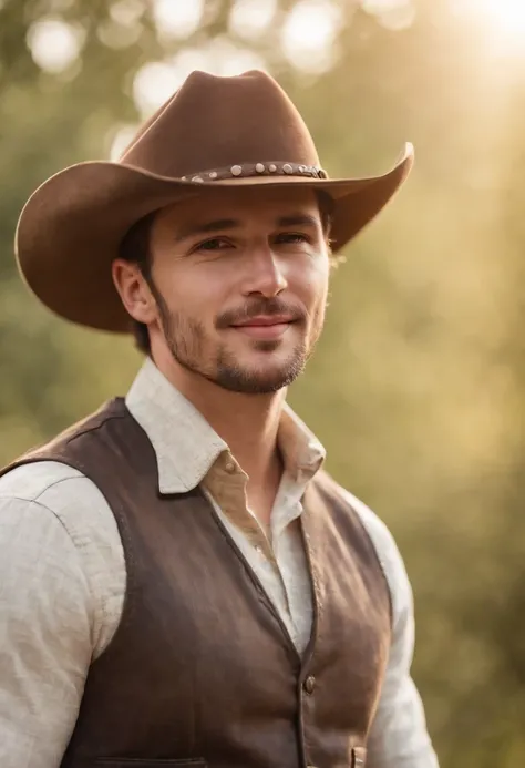 happy man , wearing cowboy hat, cowboy vest, side lighting, sunny day - SeaArt AI