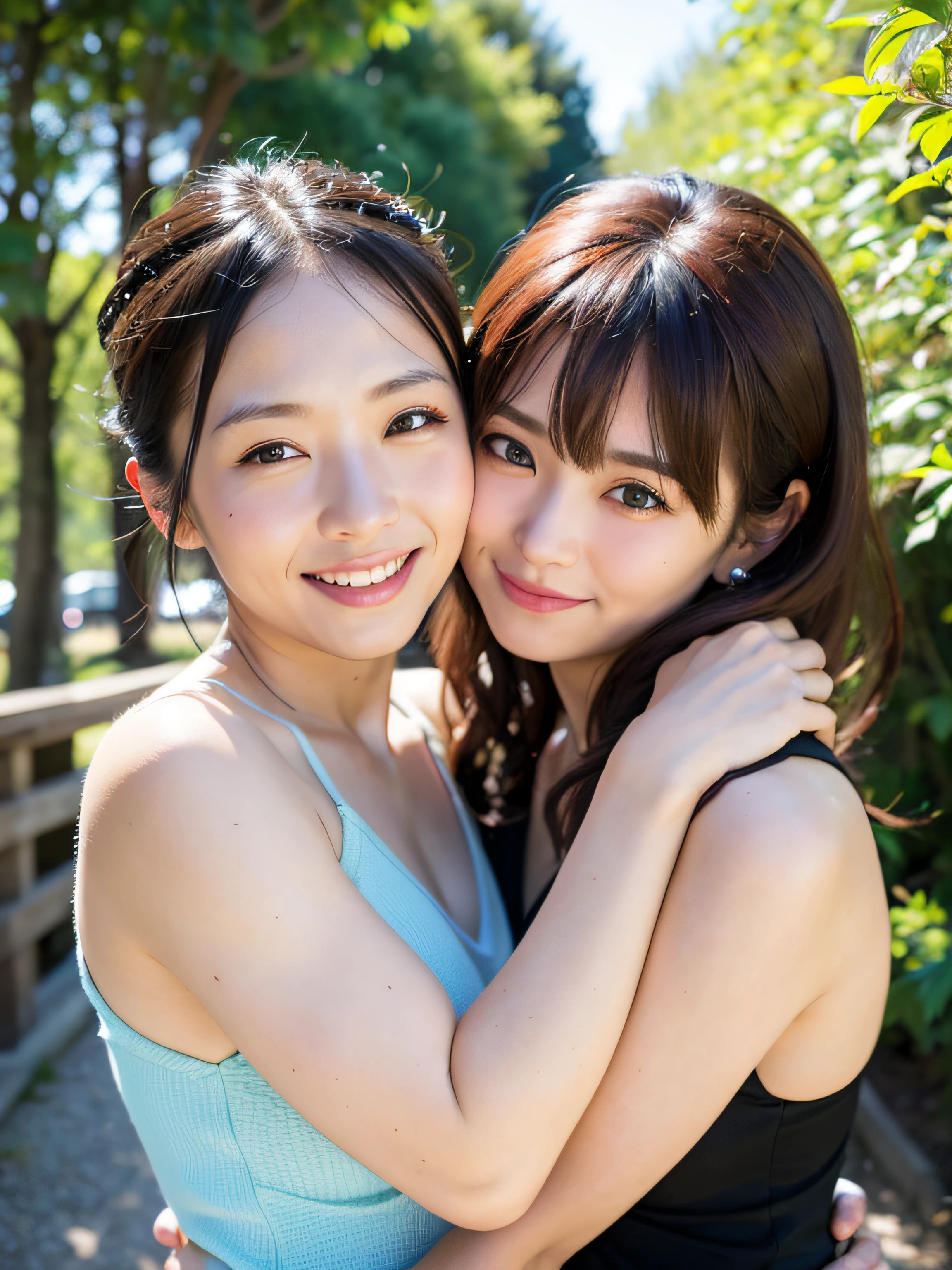 Two asian women hugging each other in a park - SeaArt AI