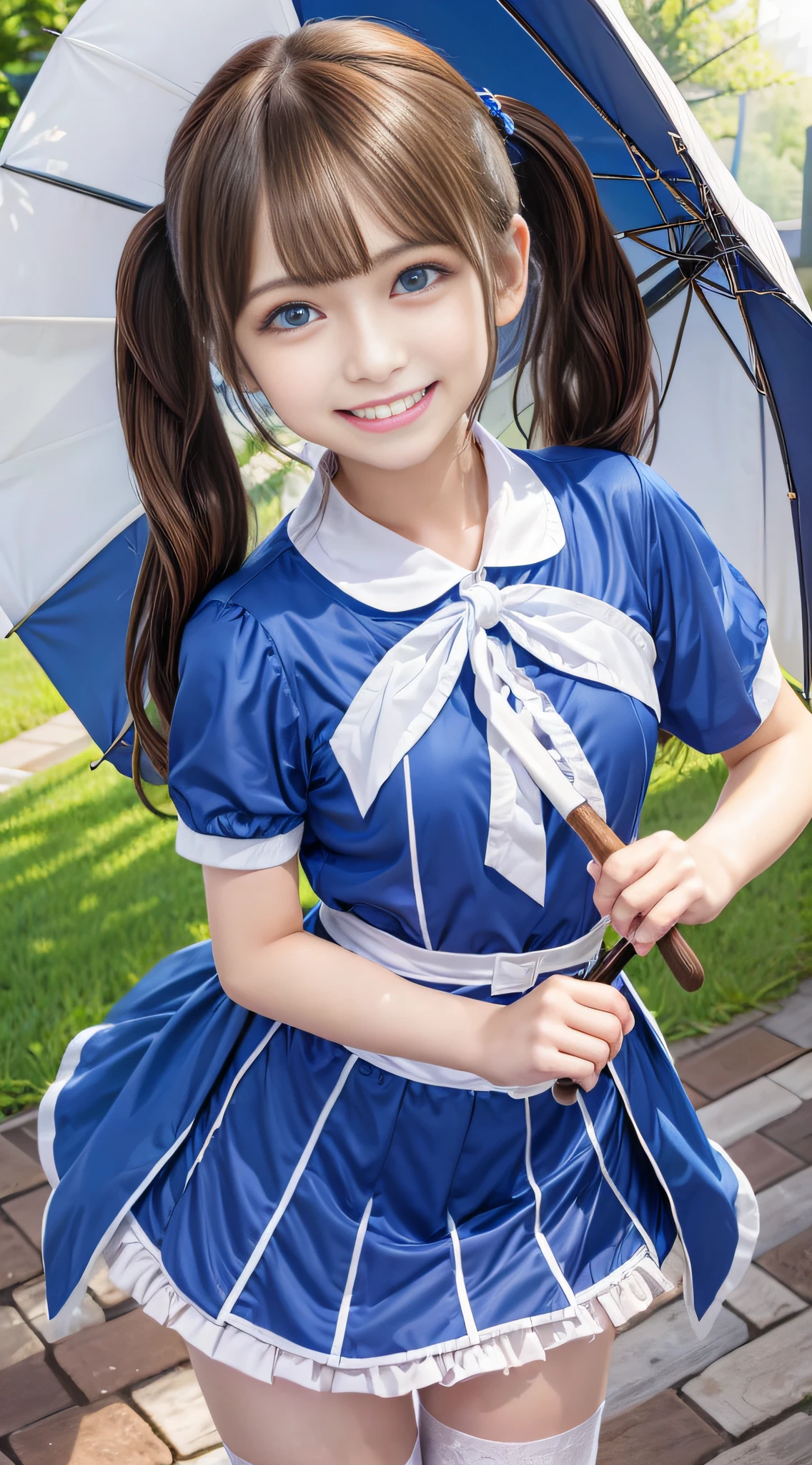 Arafed asian girl in blue dress holding an umbrella - SeaArt AI
