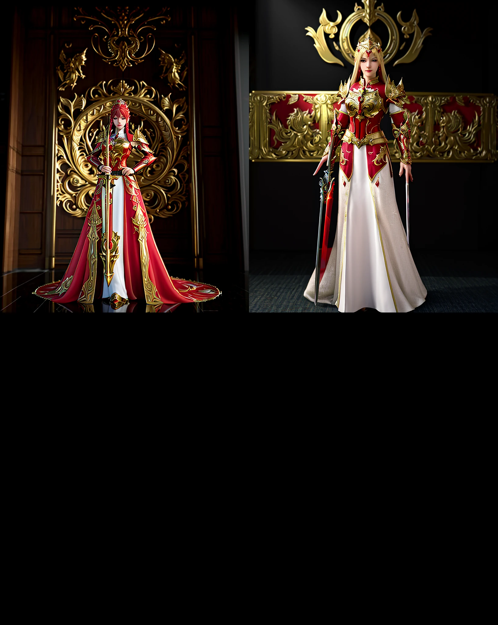 Arafed woman in a red and gold outfit holding a sword, lady in red armor - SeaArt AI