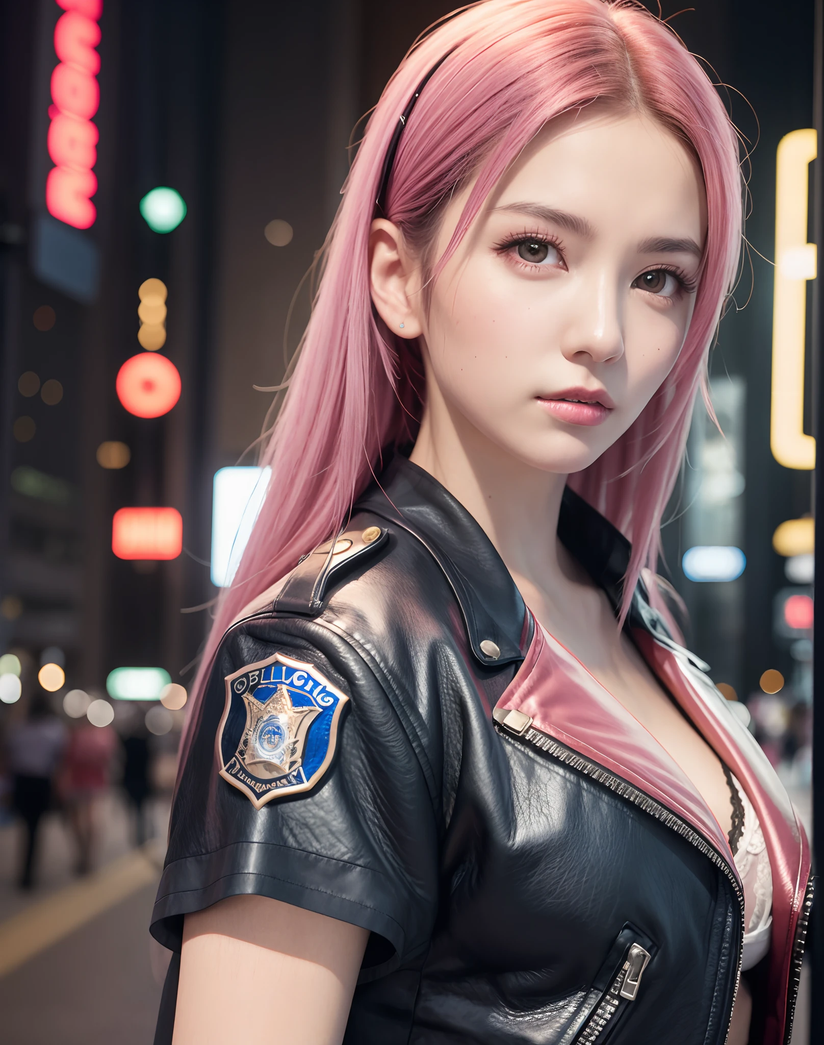 Arafed woman with pink hair and a police badge on her shoulder - SeaArt AI