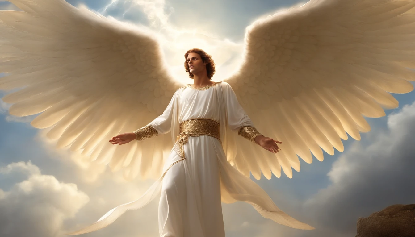 Há uma pintura de um anjo com asas no céu, Anjo majestoso de corpo inteiro, vestido com roupas ...