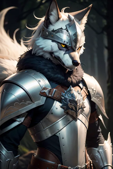 Cavaleiro lobo antropomórfico::3 retrato, armadura finamente detalhada ...
