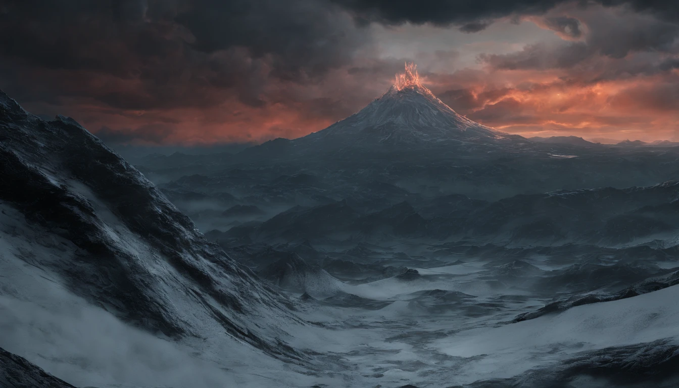 A mountain covered in snow and clouds with a red sky - SeaArt AI
