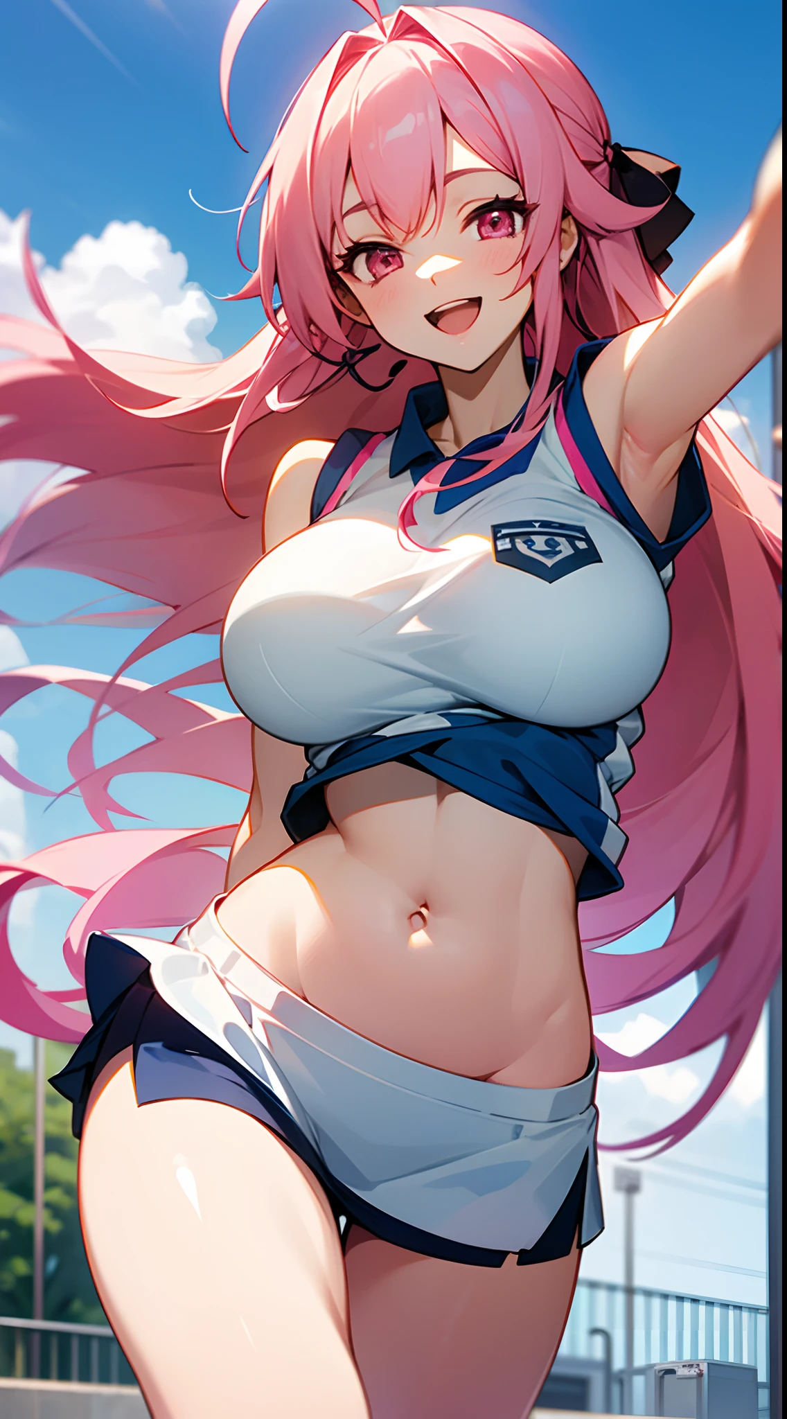 1 girl, game CG, sleeveless blue gym uniform, belly button visible, short skirt - SeaArt AI