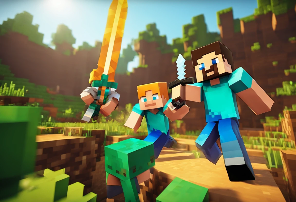 Steve is attacked by other players carrying swords in Minecraft Bedwars ...