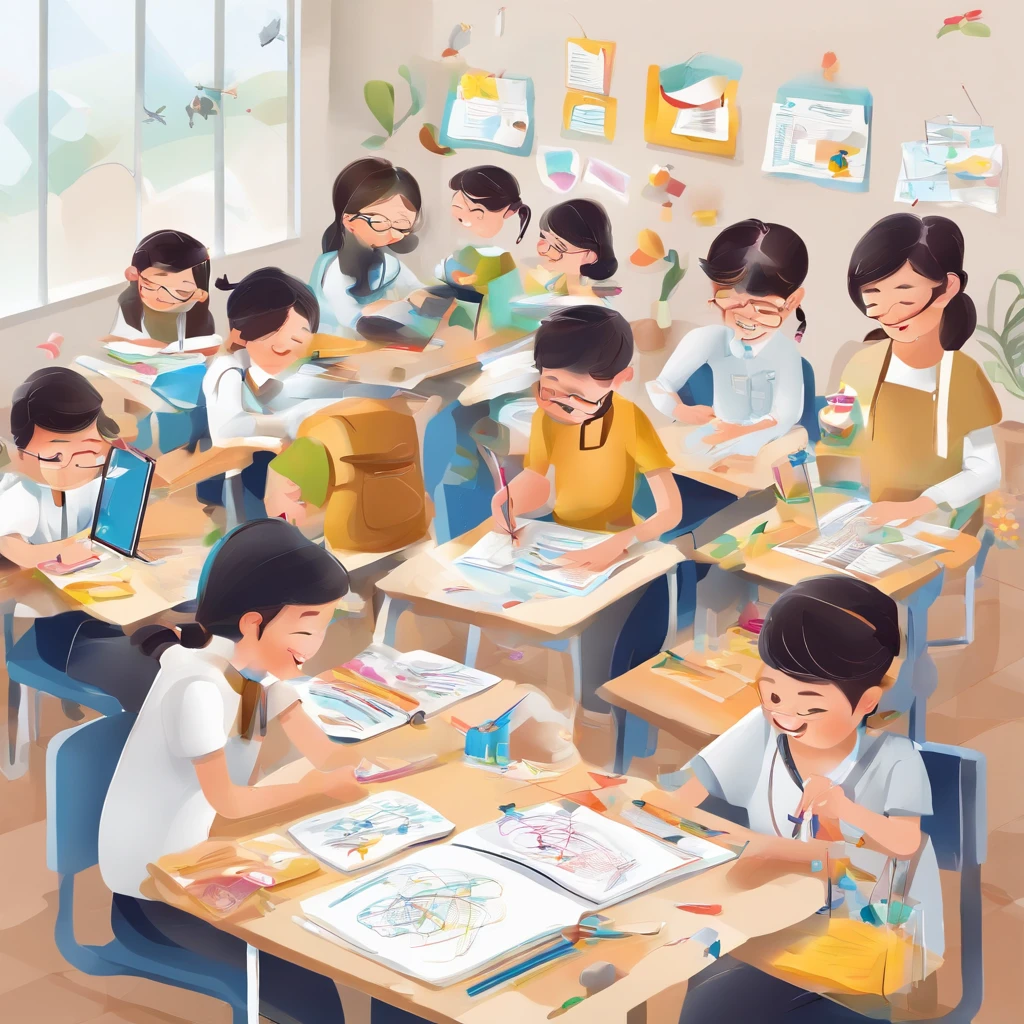 Depict a bright classroom，Full of technology atmosphere。Students in the ...
