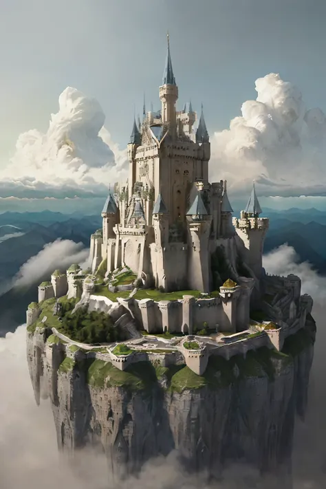 airborne view, castelo colossal no alto de uma montanha, floating in ...