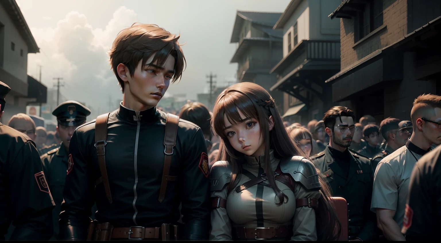 A close up of a person standing in front of a crowd of people - SeaArt AI