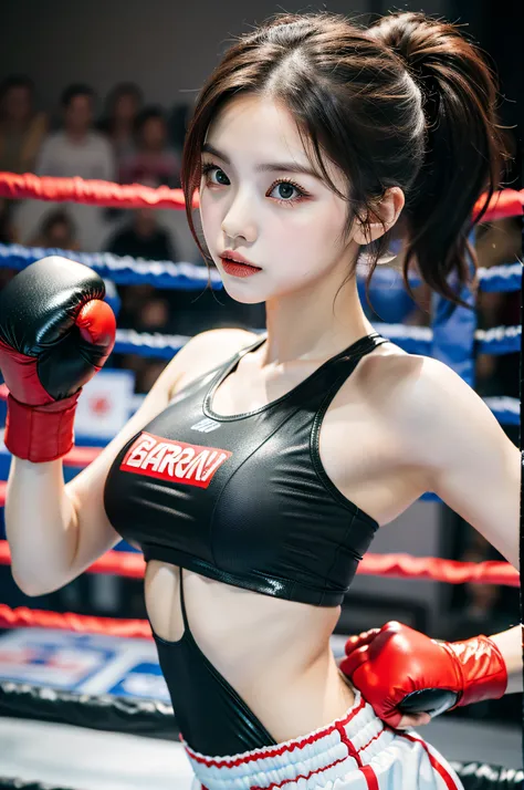 Content: A vivid and realistic portrayal of Kamei Eri dressed in a boxing attire standing in a ...