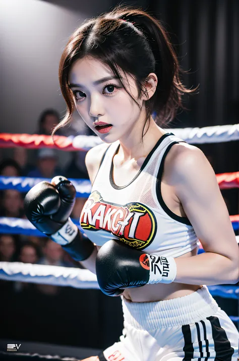 Content: A vivid and realistic portrayal of Kamei Eri dressed in a boxing attire standing in a ...
