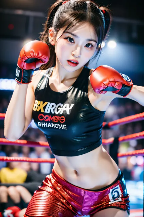 Content: A vivid and realistic portrayal of Kamei Eri dressed in a boxing attire standing in a ...