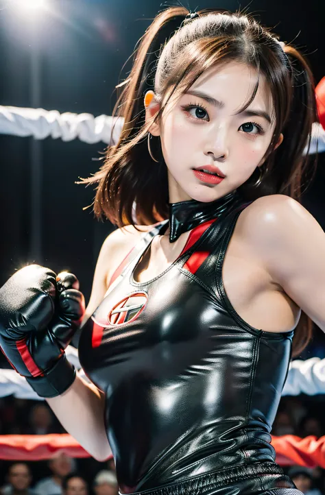 Content: A vivid and realistic portrayal of Kamei Eri dressed in a boxing attire standing in a ...