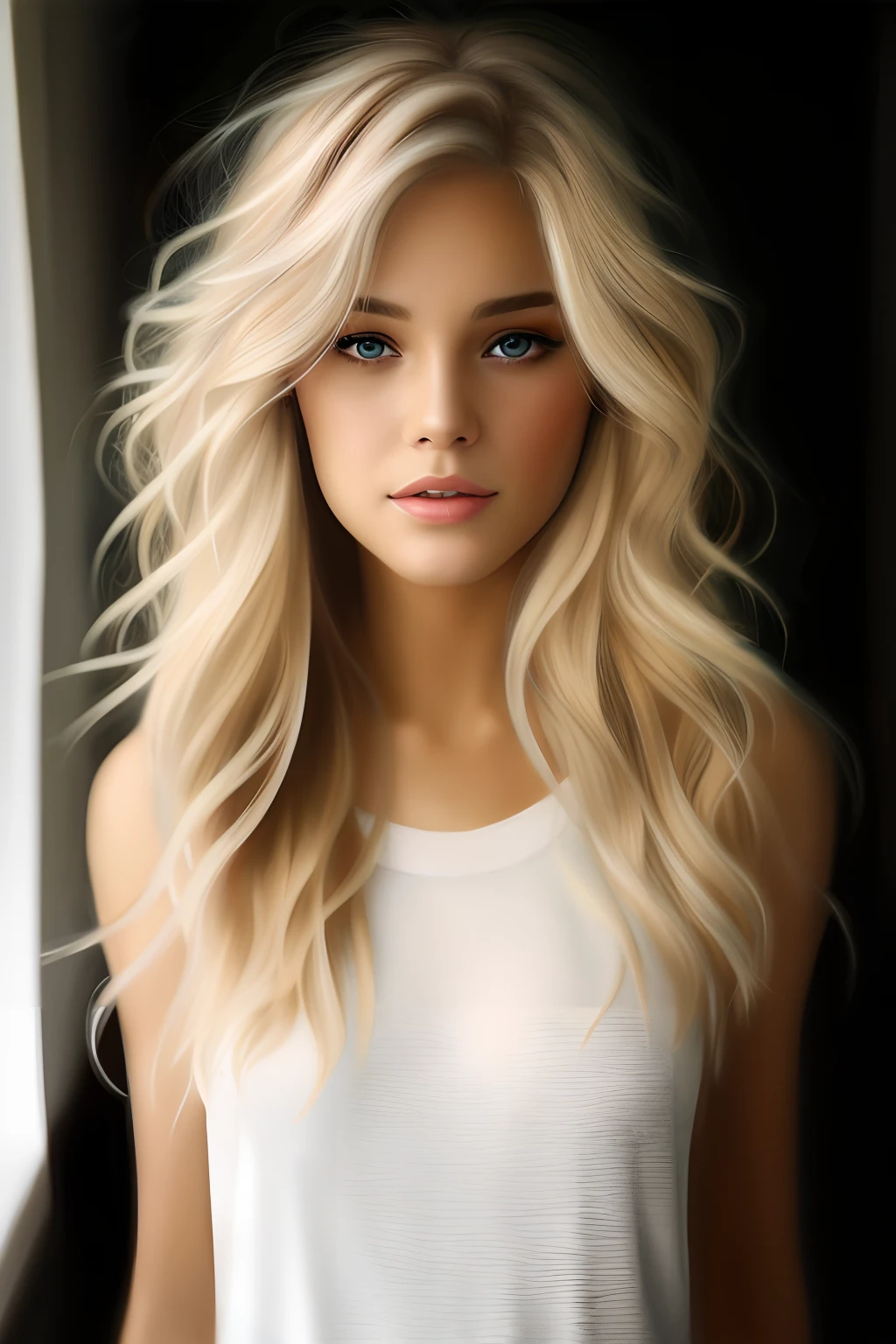 a close up of a woman with long blonde hair and a white tank top, beautiful blonde girl ...