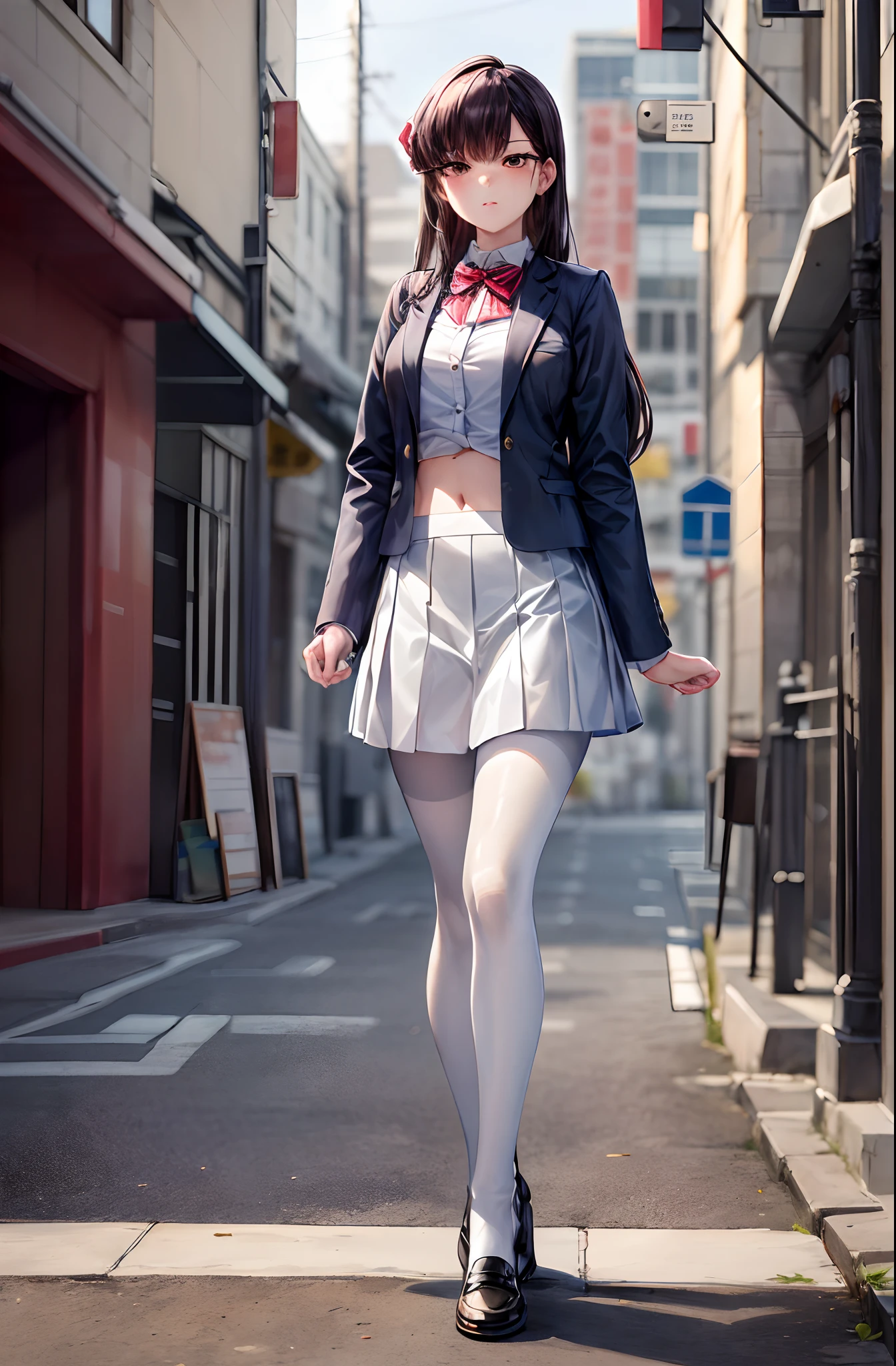 There is a woman in a short skirt and jacket walking down the street - SeaArt AI