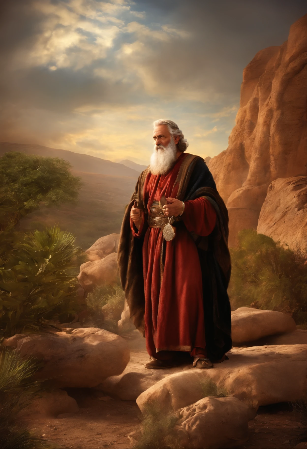 A painting of a man in a red robe standing on a rocky hill - SeaArt AI