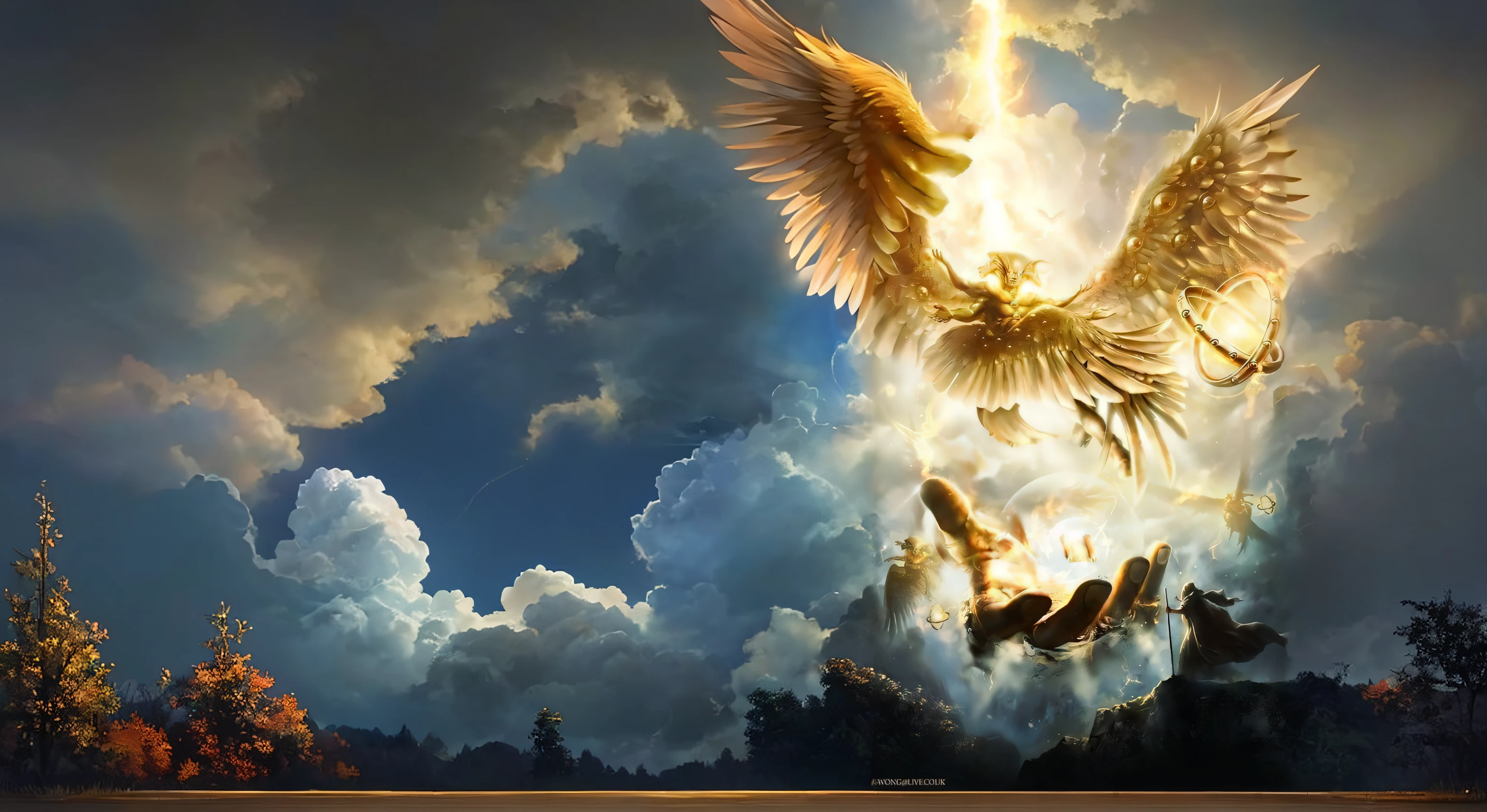 photorealism of the ultra realistic prophet Ezekiel, observing seraphim and cherubim in a sky of ...