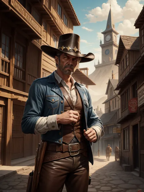 Professional character art of Lucky Luke the Sheriff guards the town's gate at the wild west ...