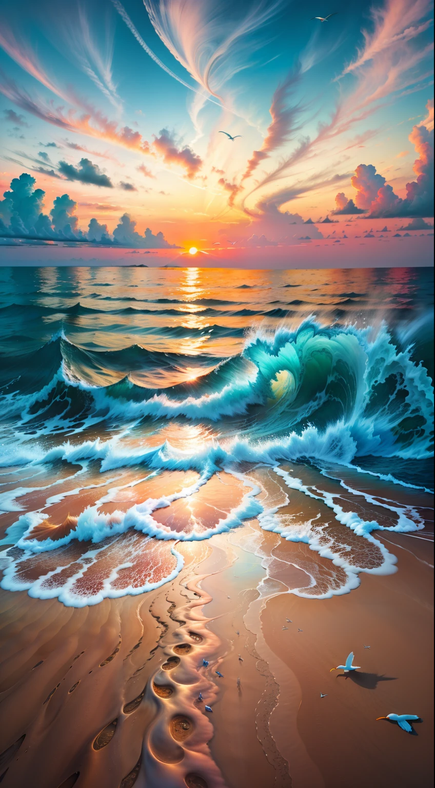 Painting of a sunset over the ocean with waves and footprints - SeaArt AI