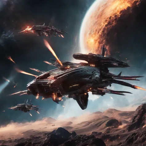 Movie space battle scene， (Dense warplanes attack spaceships:1.2),Destruction and volumetric ...