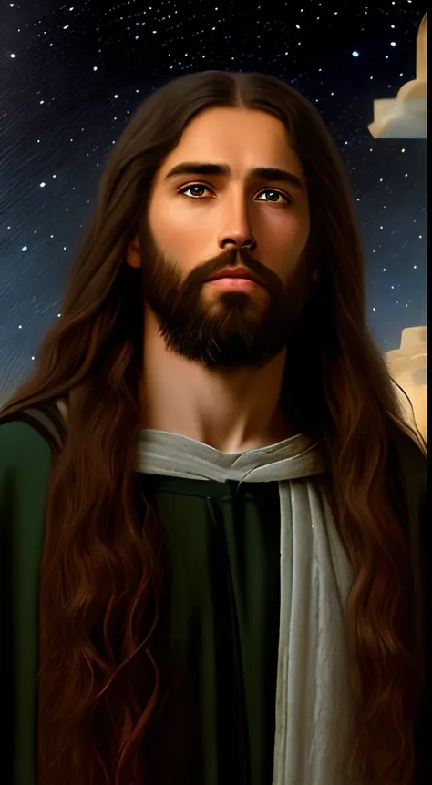 Jesus with long hair and beard standing in front of a dark sky, Jesus christ, portrait of Jesus ...