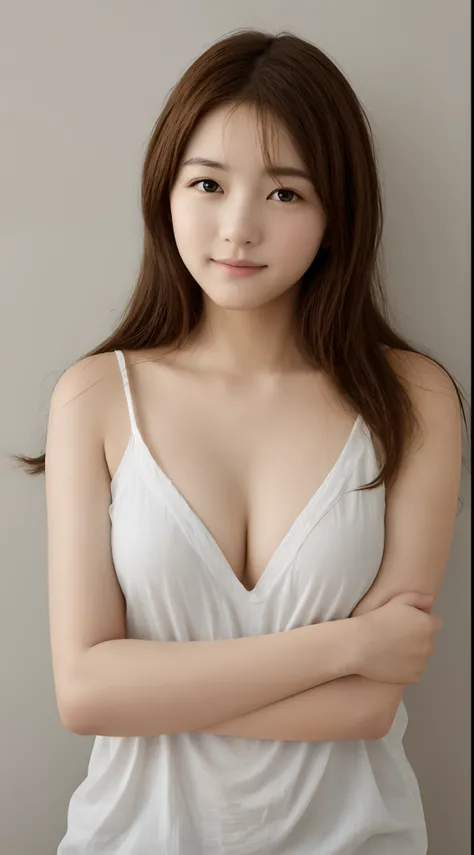 realistic photos of 1 cute Korean star, curtained hair, white skin, thin makeup, 32 inch breasts ...