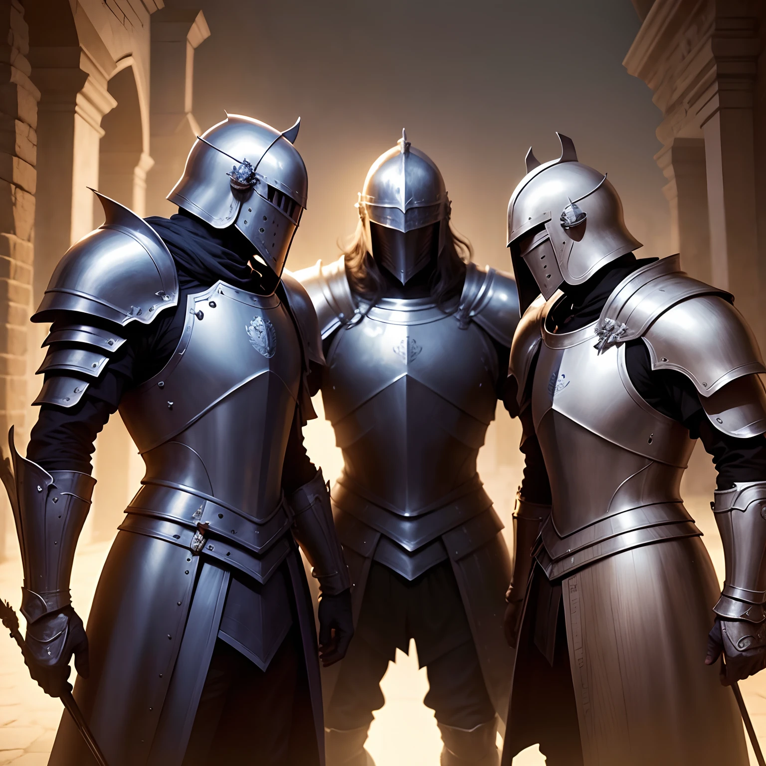 Three knights in full armor stand in a row in a courtyard - SeaArt AI