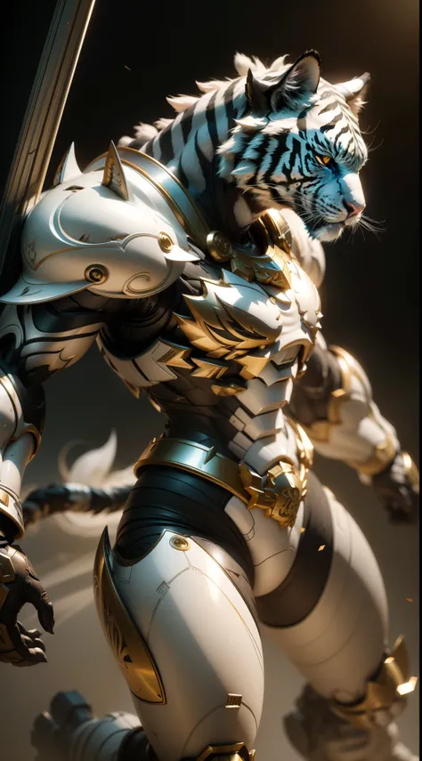 Super cute furry white tiger warrior in armor、realisitic、4K、ultra-detailliert、 vray rendered ...