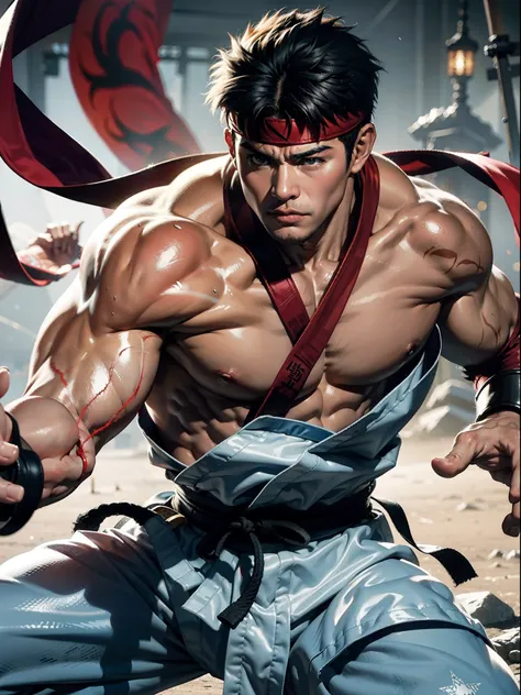 Photo cinématographique de Ryu de Street Fighter, portant un gi de karaté blanc sans manches, un ...