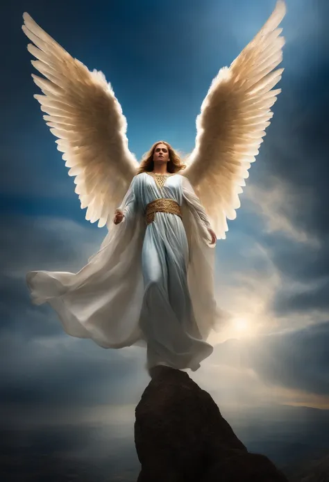 Angel coming from above, holding something in its hands as it hovers down, male angel - SeaArt AI